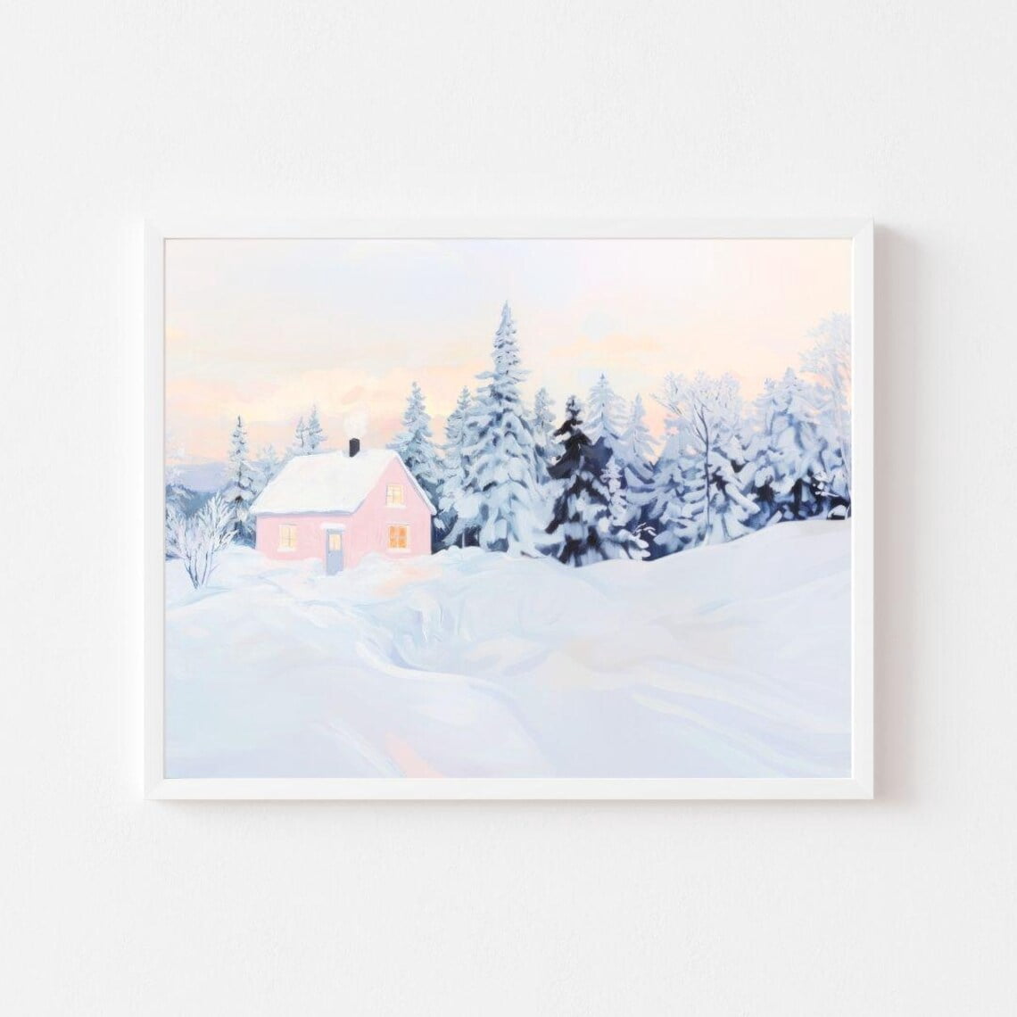 Kna Prints - 1 Pc Poster Pink Cabin Winter Forest Painting Pastel Snowy ...
