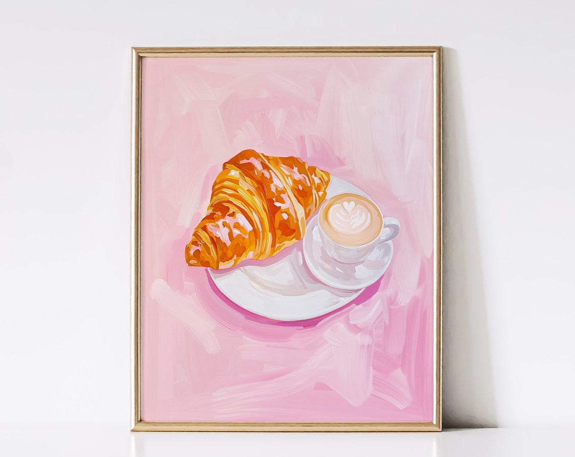 Kna Prints - 1 Pc Poster Pink Croissant And Coffee Art Print Wall Art ...