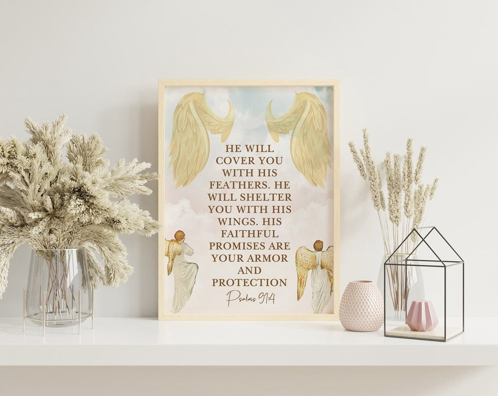 Kna Prints - 1 Pc Poster Psalms 91:4 Bible Verse Wall Art, Angel Wings ...