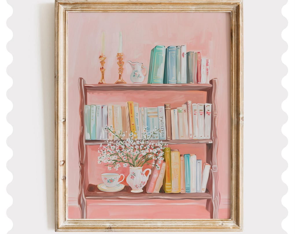 Kna Prints - 1 Pc Poster Rattan Bookshelf Printpink Book Lover Art ...