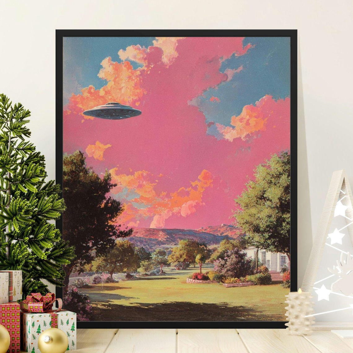 Kna Prints - 1 Pc Poster Retro Ufo , Pink Sky Art Print, Vintage Flying ...