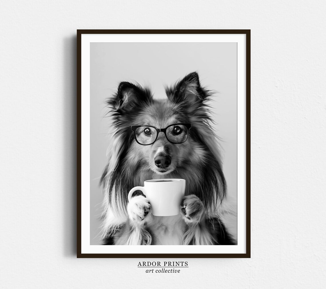 Kna Prints - 1 Pc Poster Shetland Sheepdog And Coffee Wall Art, Black ...