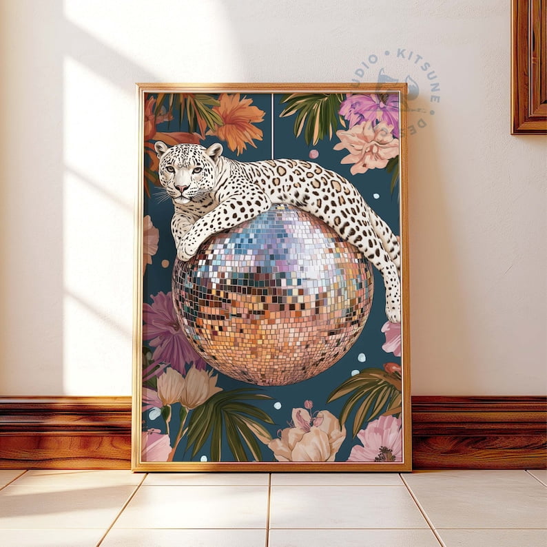 Kna Prints - 1 Pc Poster Snow Leopard On A Disco Ball, Leopard Print ...