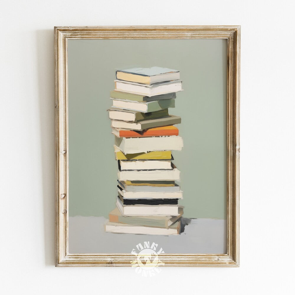Kna Prints - 1 Pc Poster Stack Of Books Painting, Sage Green Book Lover ...