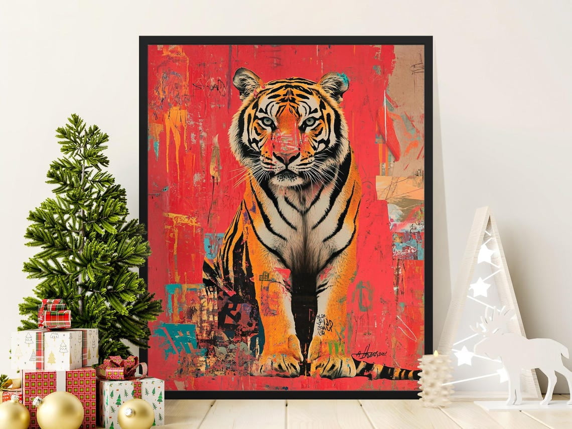 Kna Prints - 1 Pc Poster Striking Tiger , Abstract Tiger Art, Red ...
