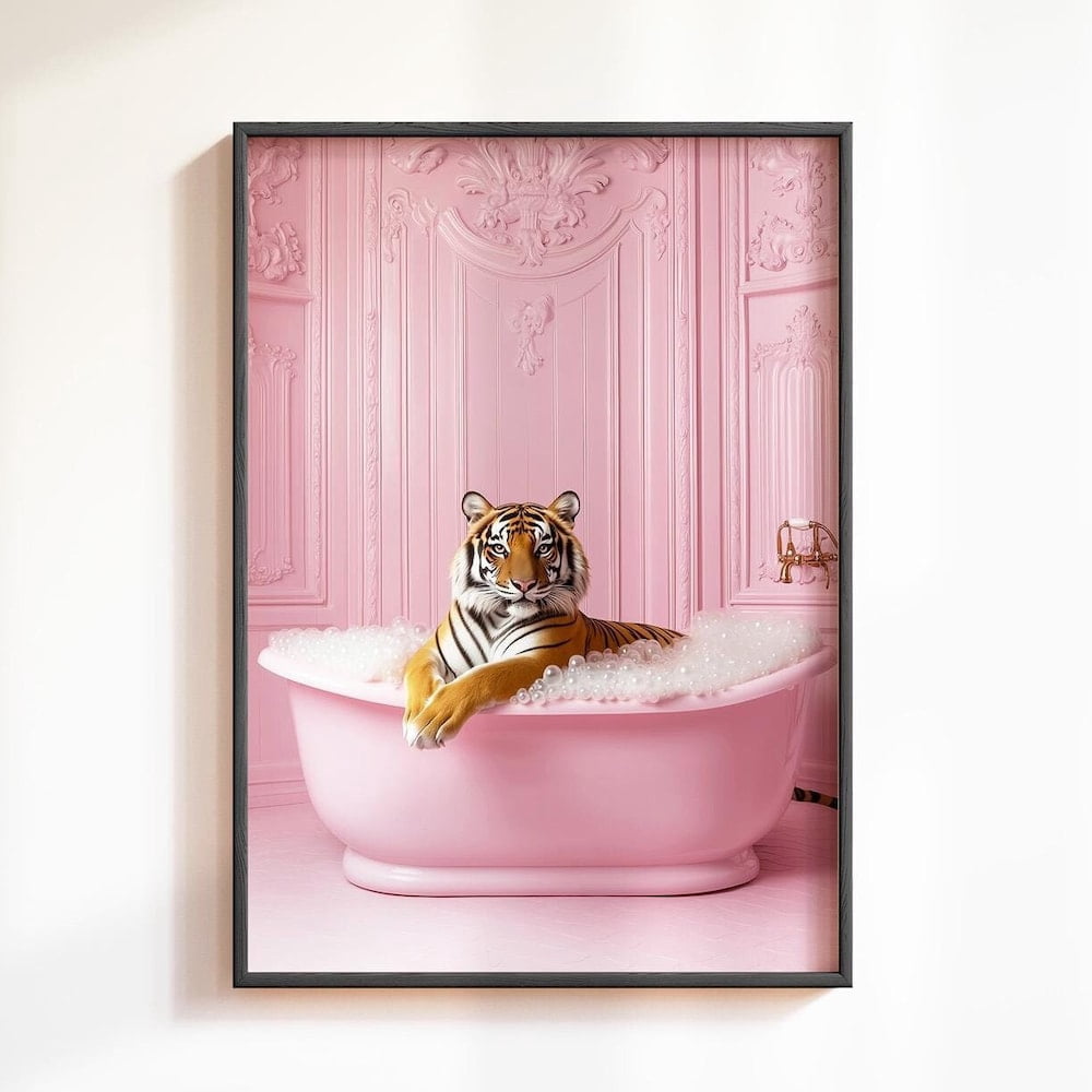 Kna Prints - 1 Pc Poster Tiger In A Bathtub Pink Print Bathroom Wall ...