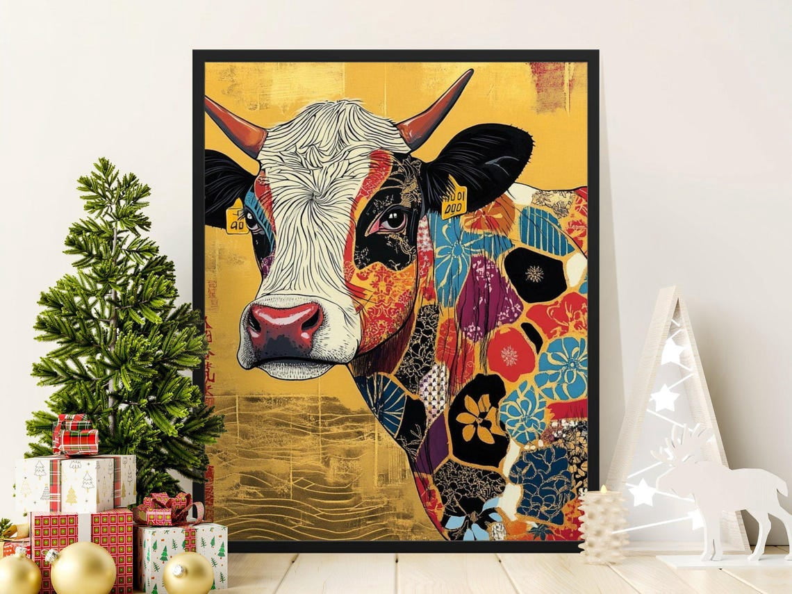 Kna Prints - 1 Pc Poster Vibrant Japanese Cow Art , Colorful Animal ...