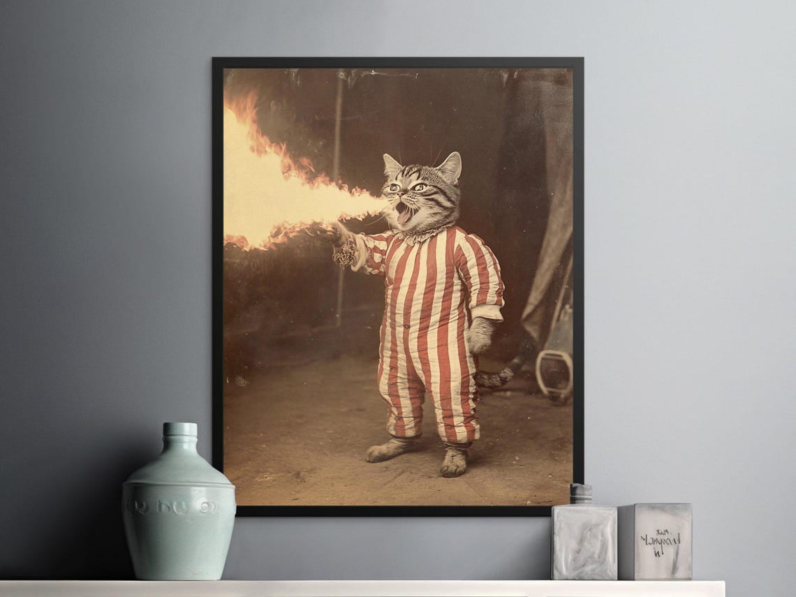 Kna Prints - 1 Pc Poster Vintage Cat Breathing Fire Wall Art, Quirky ...