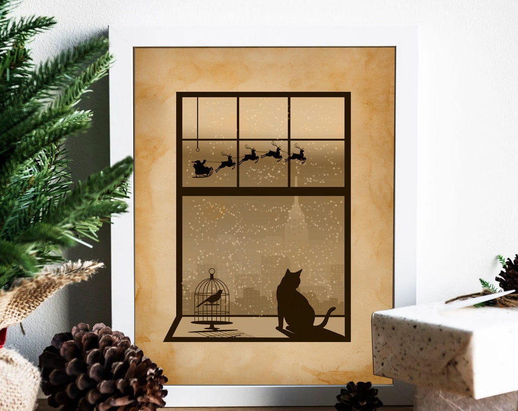 Kna Prints - 1 Pc Poster Vintage Cat Looking Out Window At Santa In ...