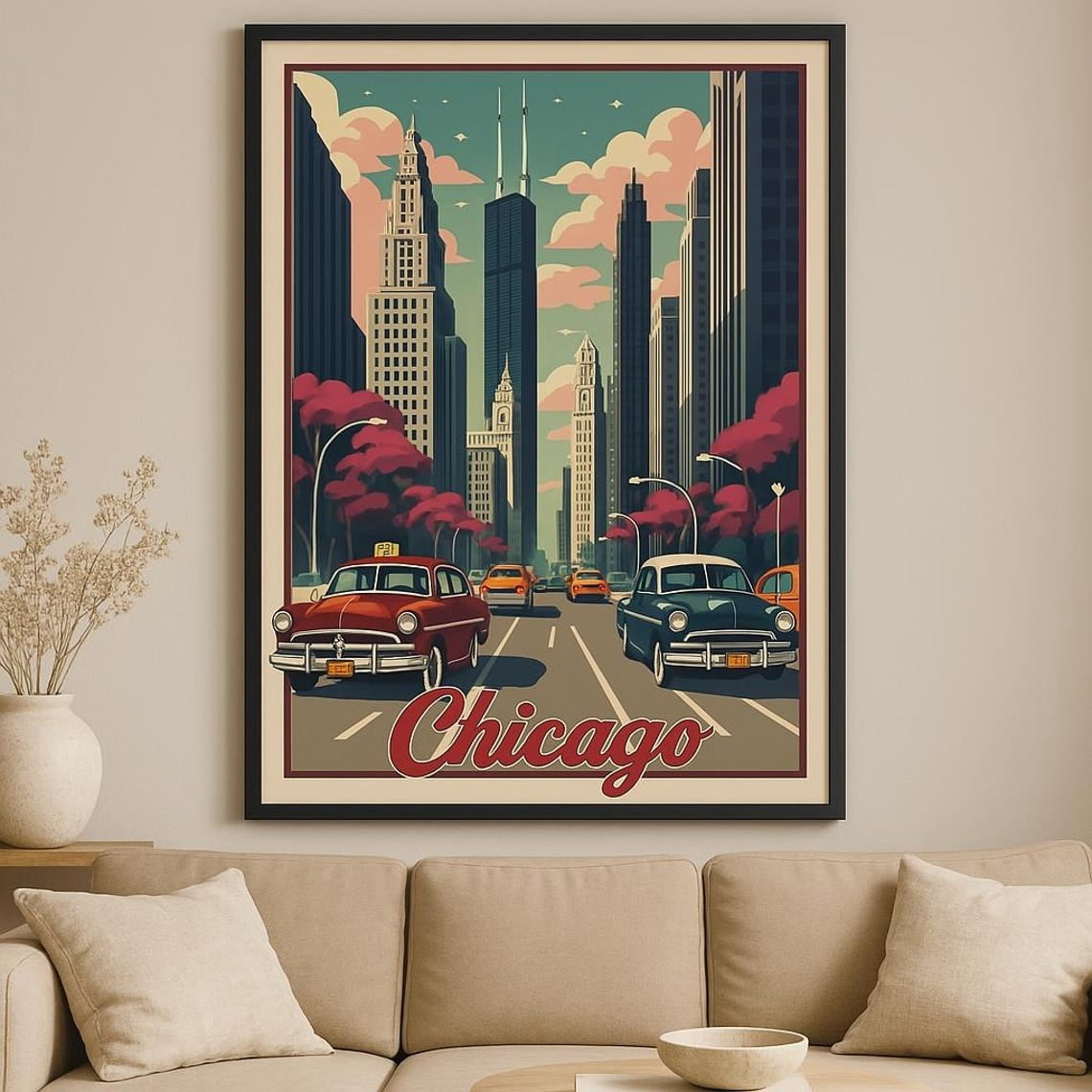 Kna Prints - 1 Pc Poster Vintage Chicago Travel Retro Cityscape Wall ...