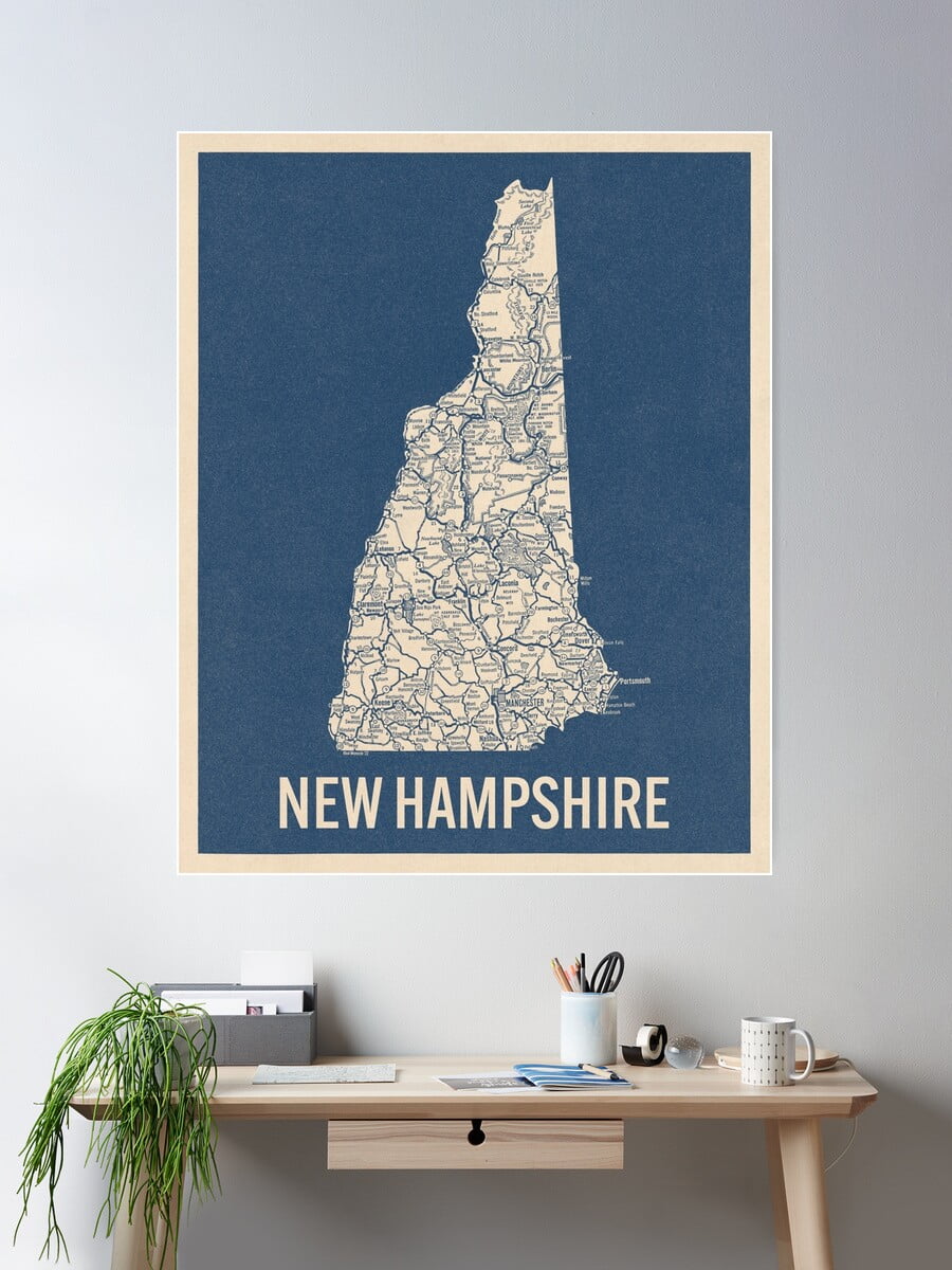 Kna Prints - 1 Pc Poster Vintage New Hampshire Road Map, Blue On Beige ...