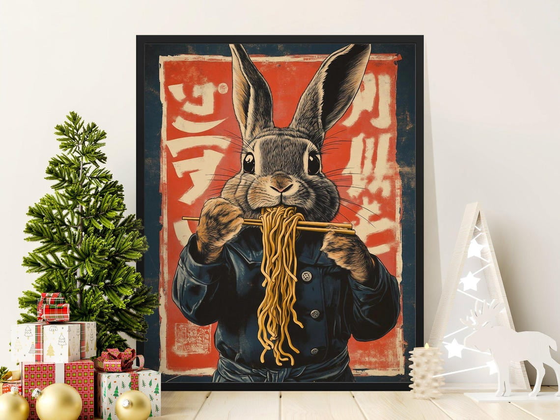 Kna Prints - 1 Pc Poster Vintage Rabbit Eating Noodles Art Print, Retro ...