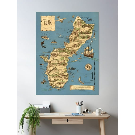 Kna Prints - 1958 Vintage Map Of Island Of Guam Poster , UNFRAMED-16x24 ...