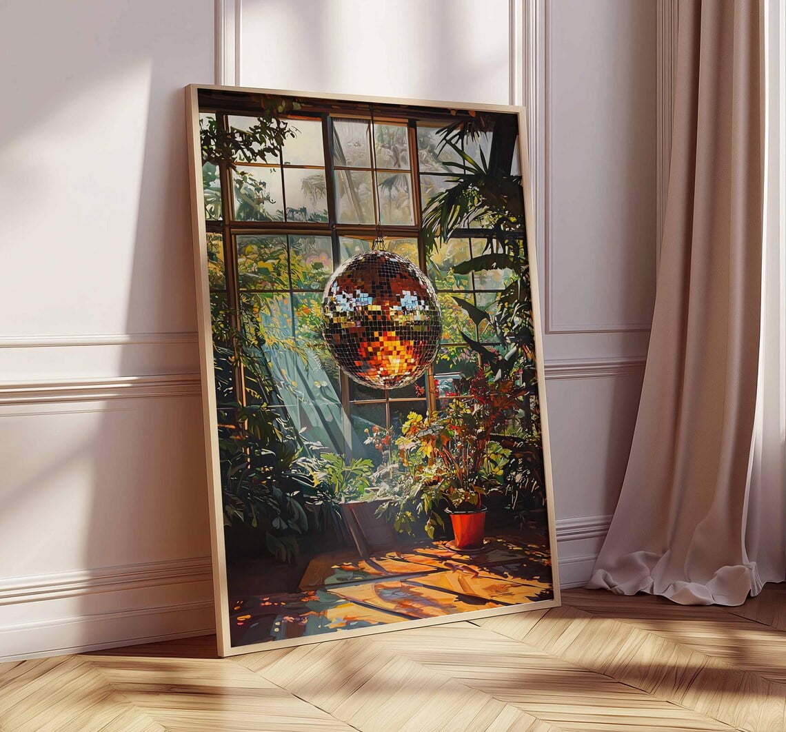 Kna Prints - 1970'S Interior Disco Ball Greenhouse Art Print, Tropical Decor, Disco Ball Print ...