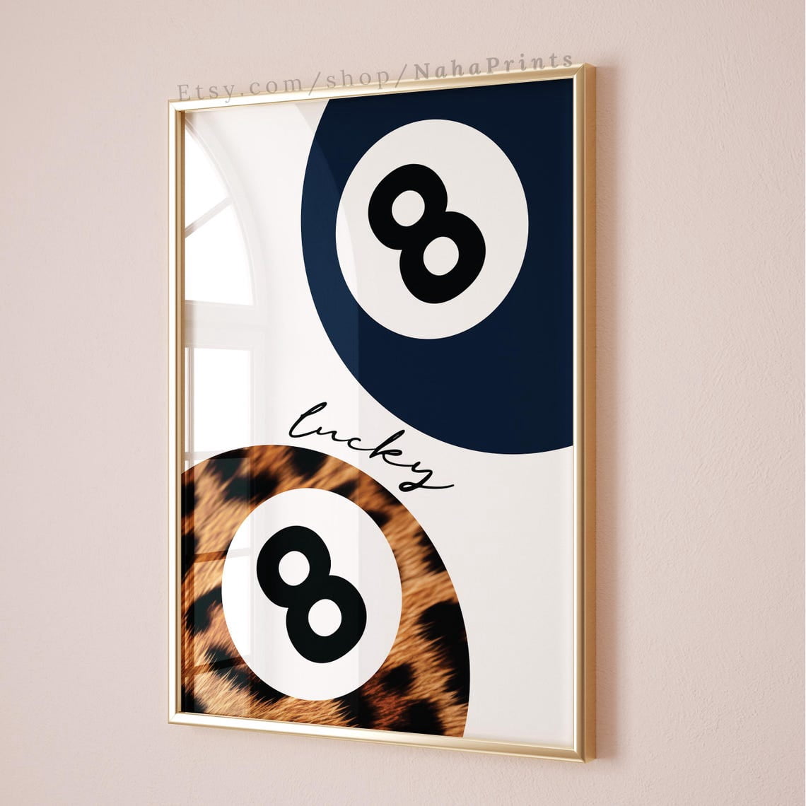 Kna Prints - 8 Ball Leopard Print Retro Lucky Girl Poster, Navy Vintage ...