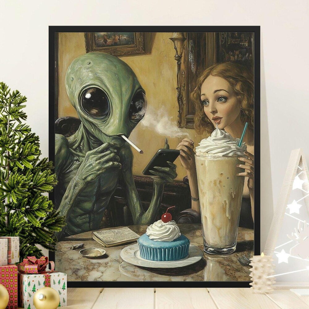 Kna Prints - Alien And Girl Cafe Art Poster, Surreal Alien Smoking ...