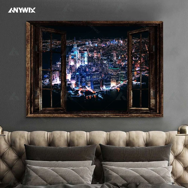 Kna Prints - Amazing City Skyline Night Through Rustic Window Wrapped ...