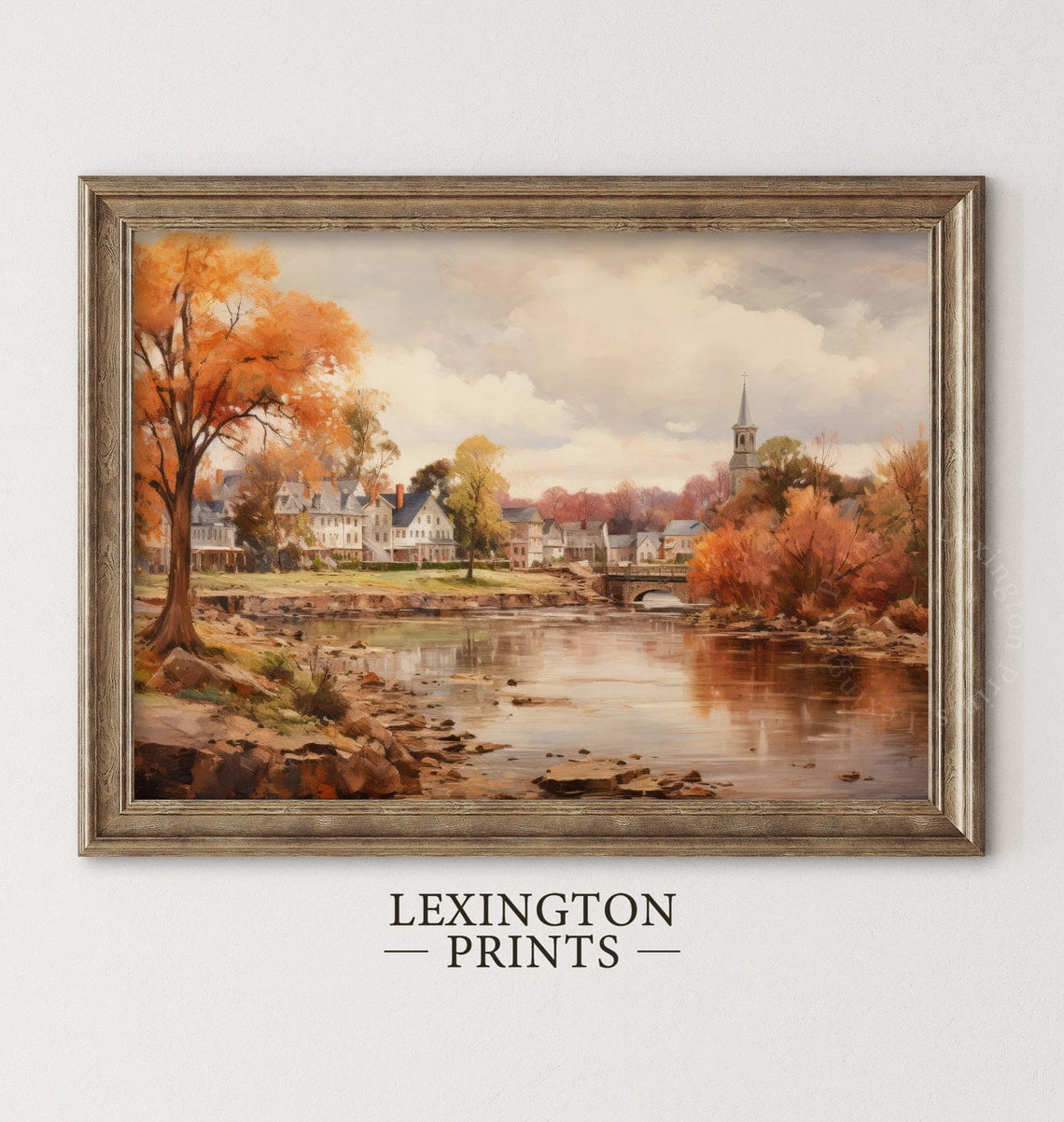 Kna Prints - Autumn Town City Art Vintage Landscape Painting Lake ...