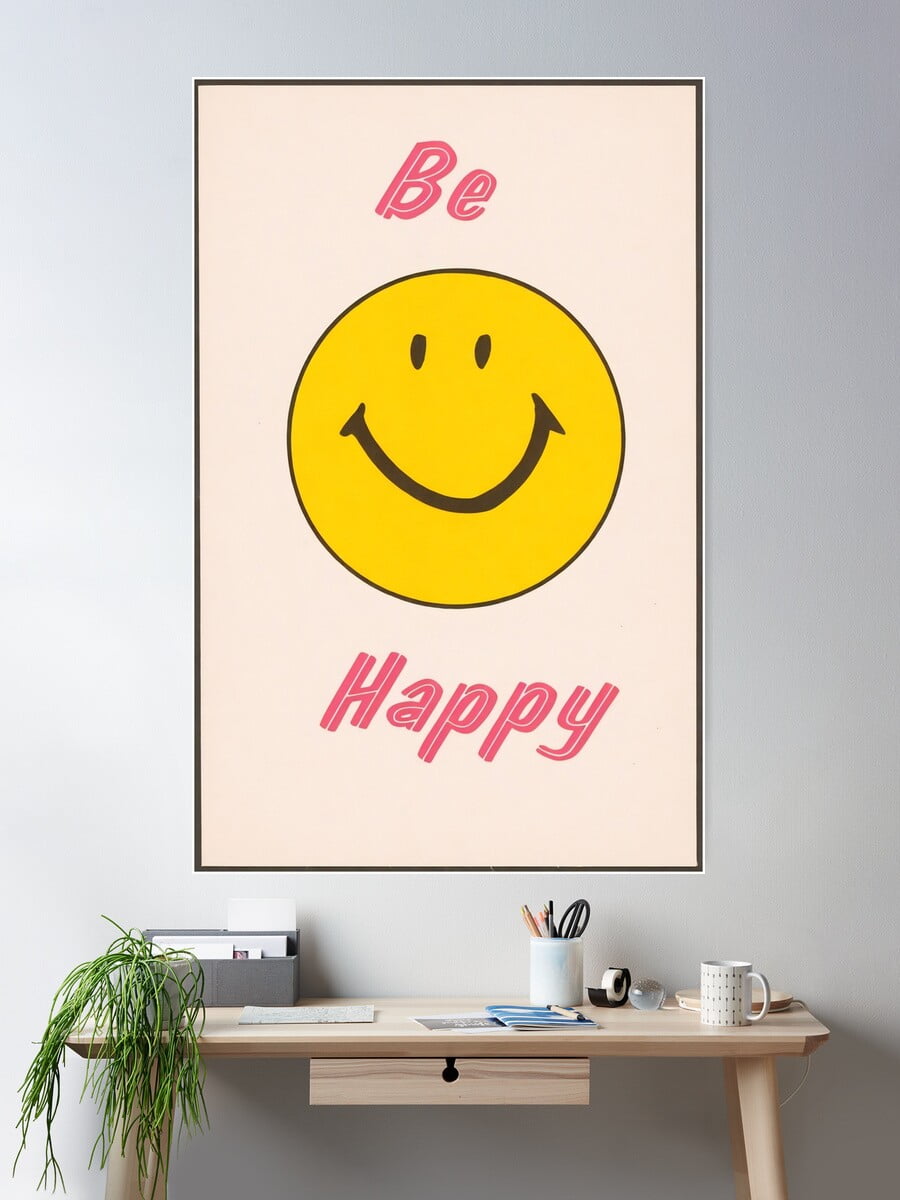 Kna Prints - Be Happy Retro Smiley Face Poster Wall Art, Modern Wall ...