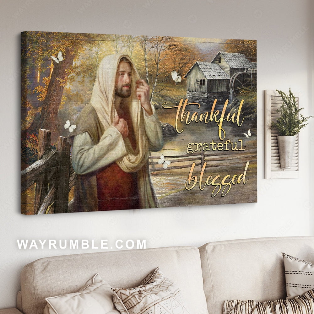 Kna Prints - Beautiful Jesus Painting, Autumn Season, Rustic House, Thankful, Grateful, Blessed ...