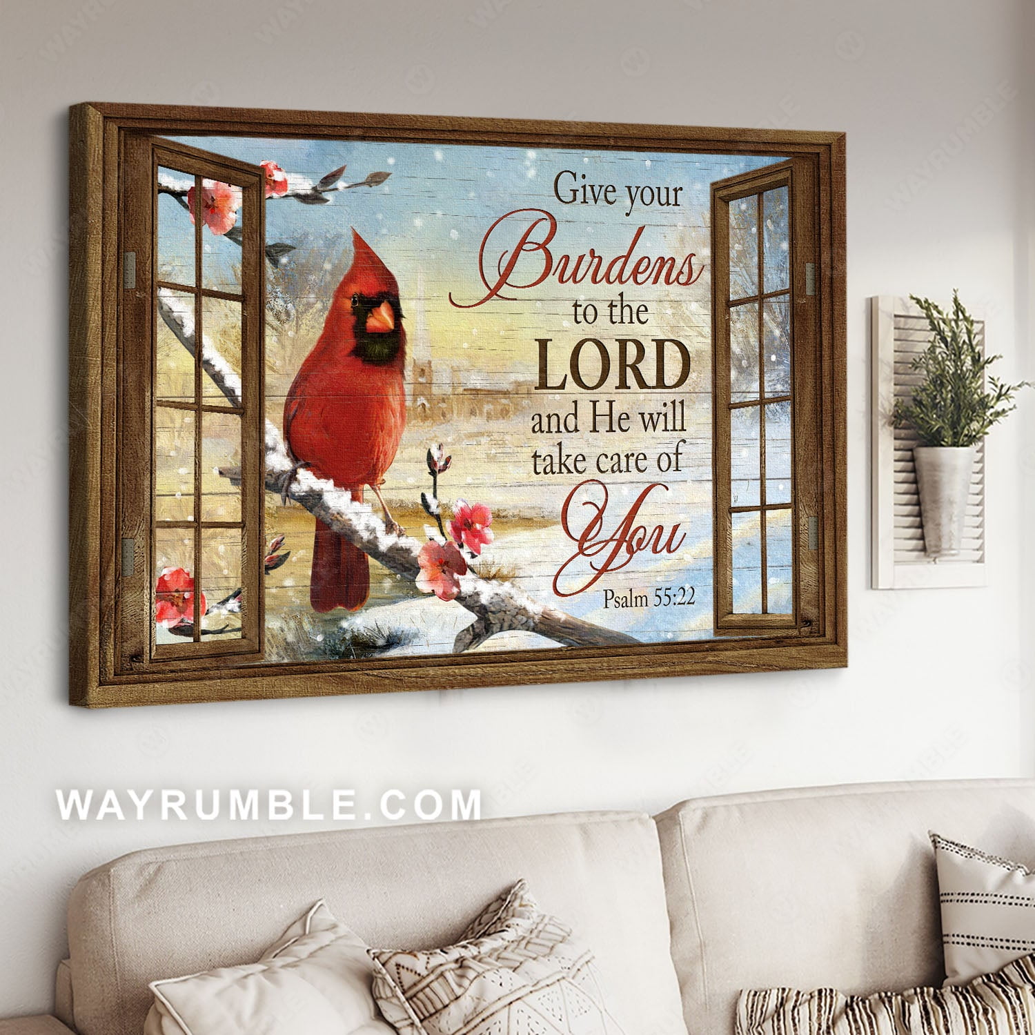 Kna Prints - Beautiful Snowfall, Red Cardinal, Wood Window, Give Your Burdens To The Lord ...