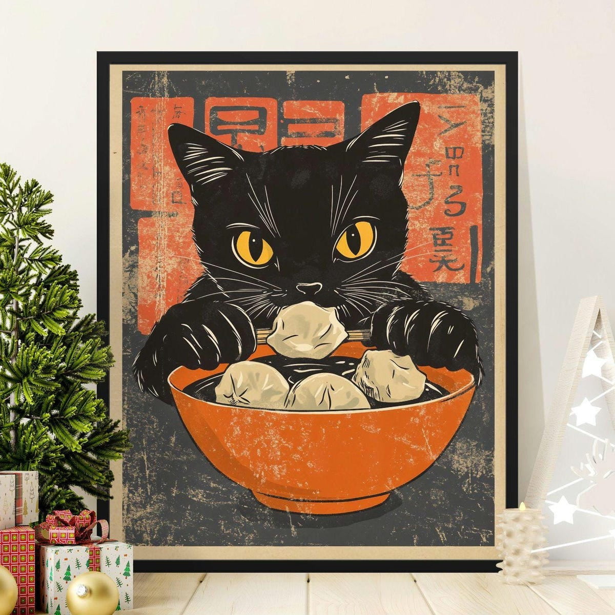 Kna Prints - Black Cat Eating Dumplings Poster, Cute Cat Poster Print ...