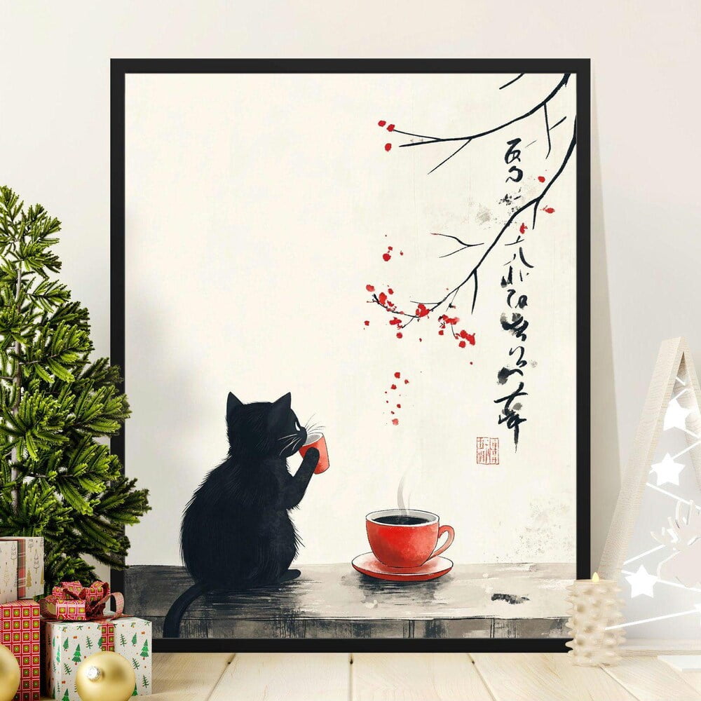 Kna Prints - Black Cat And Red Tea Cup Poster, Japanese Inspired Wall ...