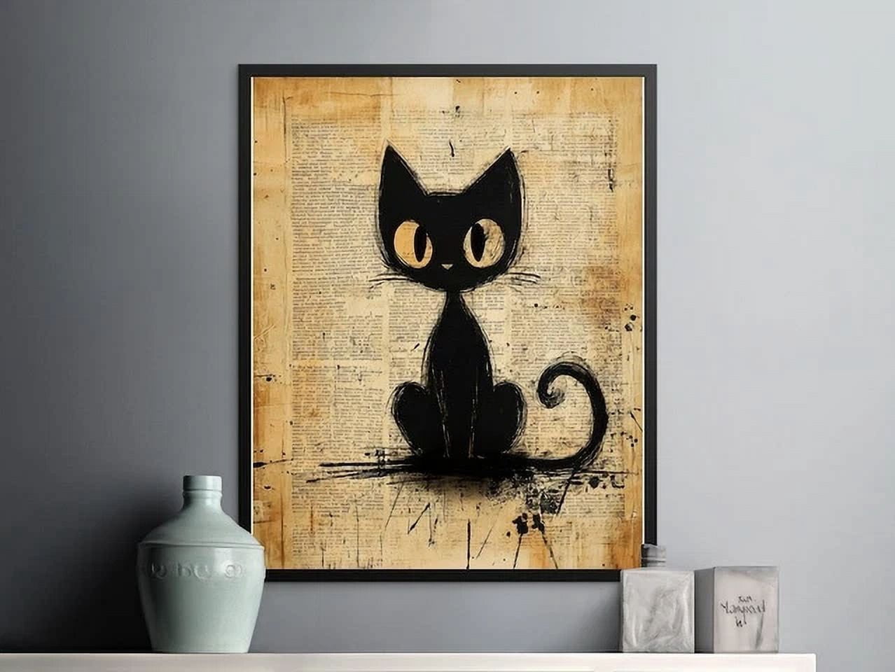 Kna Prints - Black Cat Vintage Art Print, Retro Cat Illustration, Cute ...