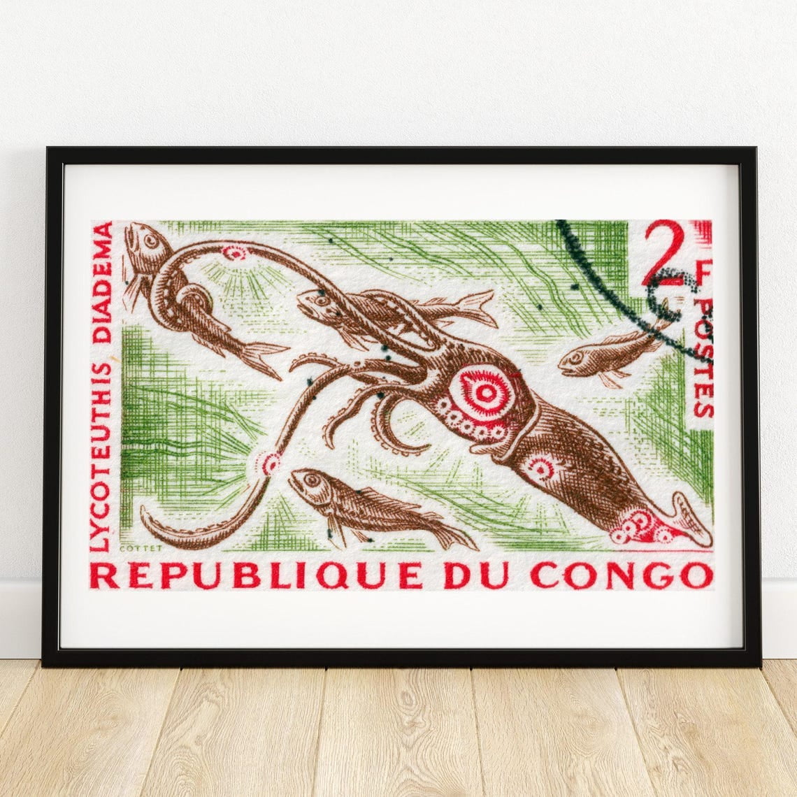 Kna Prints - Black Squid - Vintage Congo Art - Postage Stamp Print ...
