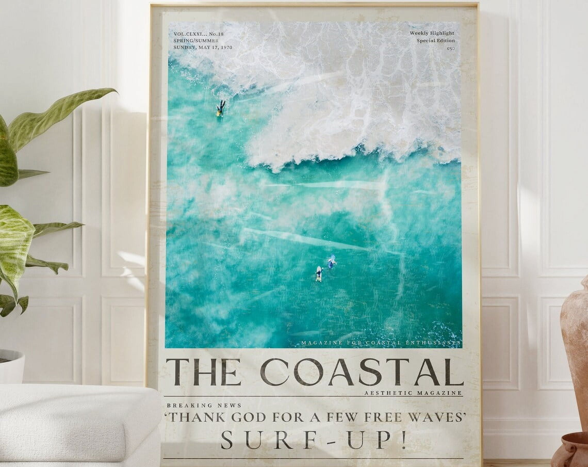 Kna Prints - Blue Coastal Surf Up Wall Art, Vintage Coastal Newspaper ...