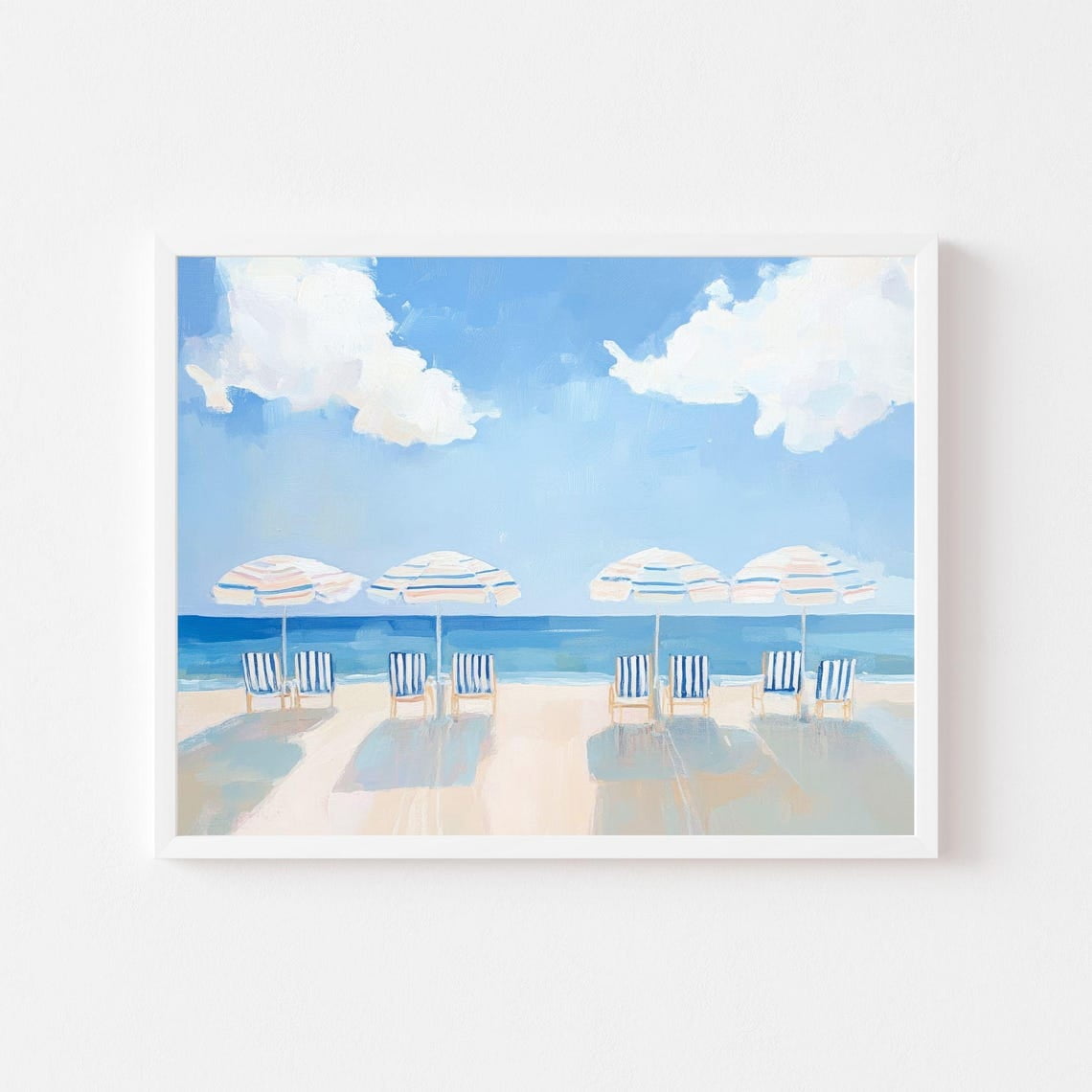 Kna Prints - Blue Striped Beach Chairs And Umbrellas Painting Coastal ...