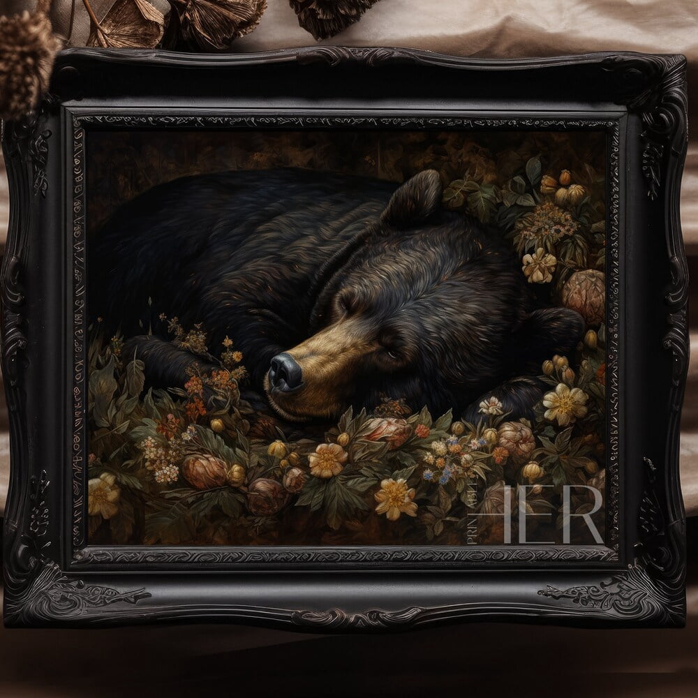 Kna Prints - Brown Bear Sleeping In Forest Dark Cottagecore Woodland ...