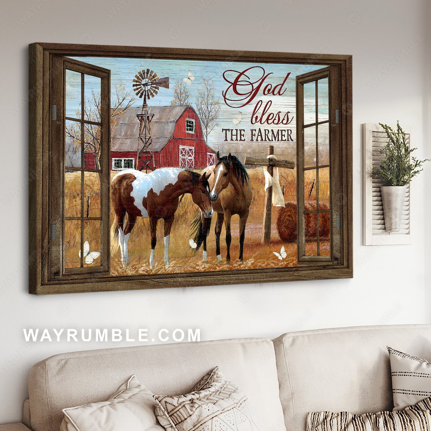 Kna Prints - Brown Horse, Wooden Cross, Red Barnhouse, God Bless The ...