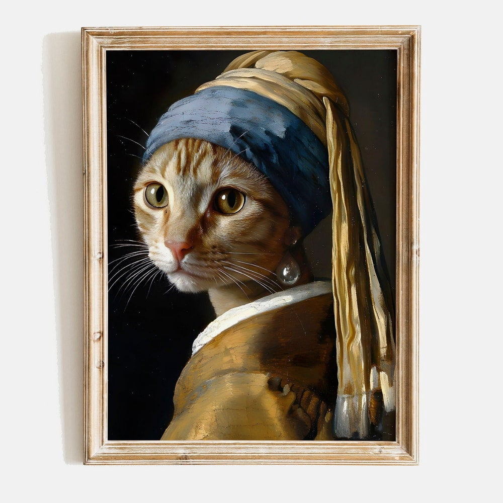 Kna Prints - Cat With A Pearl Earring Painting, Vermeer Cat Wall Art ...