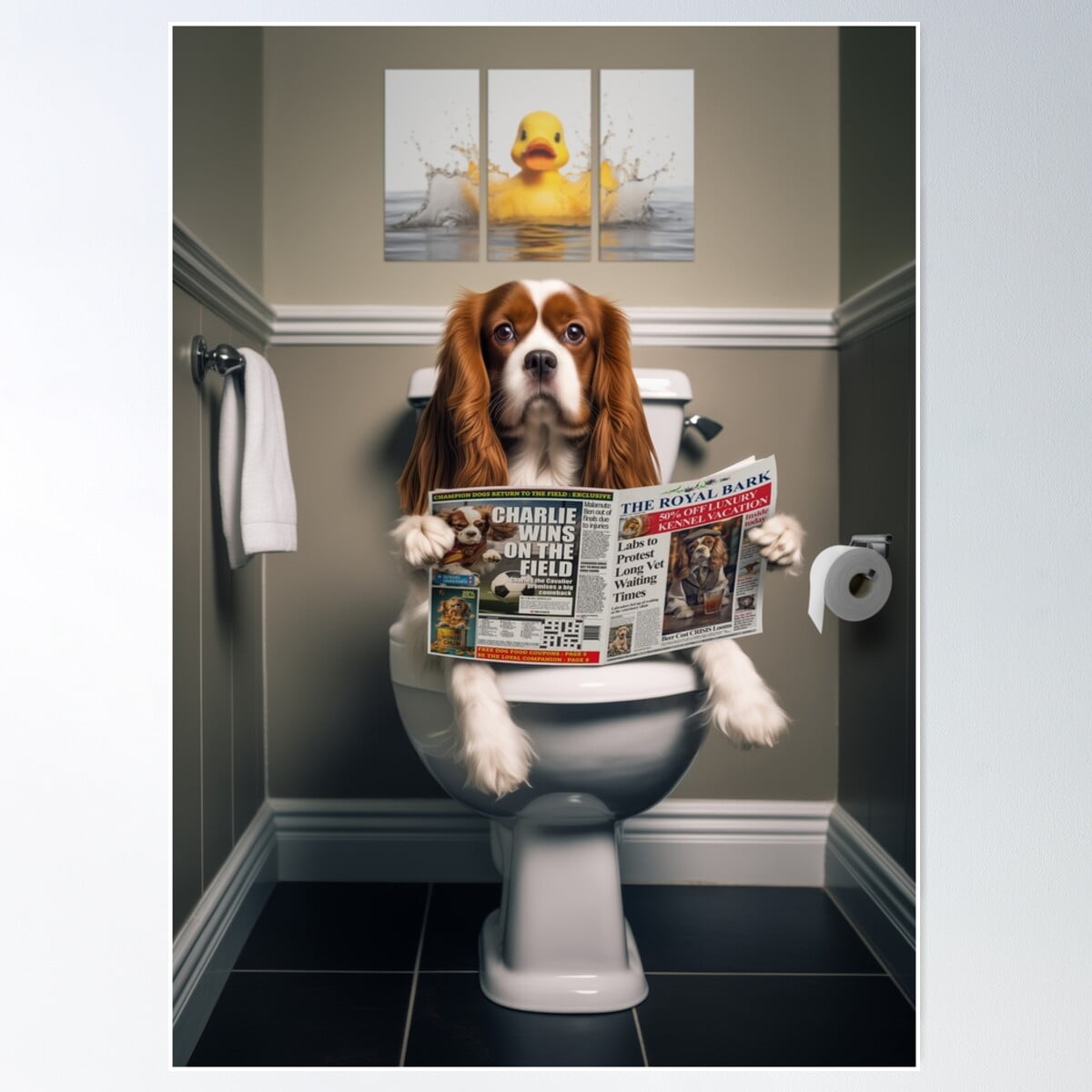 Kna Prints - Cavalier King Charles Spaniel Dog On The Toilet - Bathroom ...