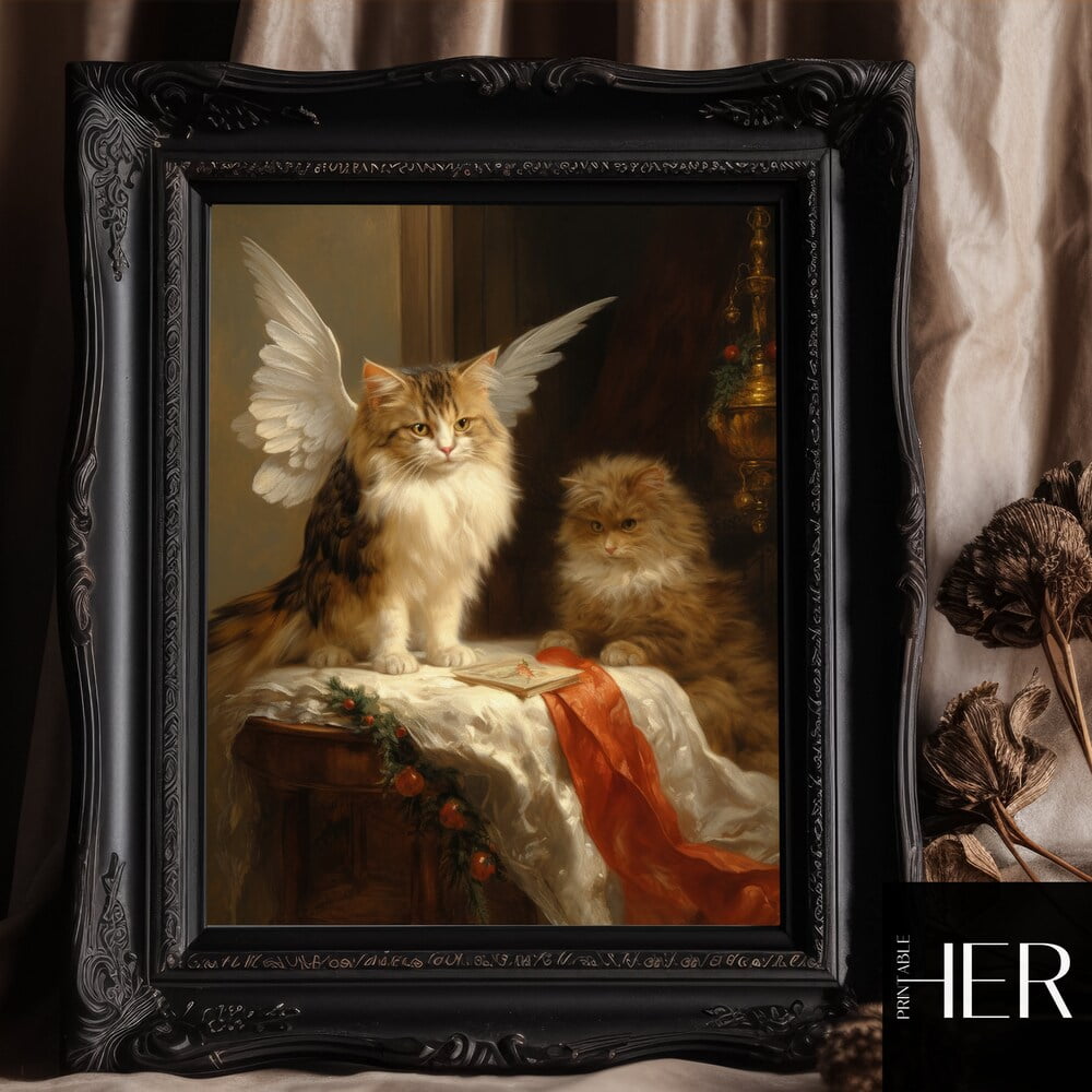 Kna Prints - Christmas Angel Cat Wit Wings Dark Cottagecore Academia Winter Animal Holiday Wall ...