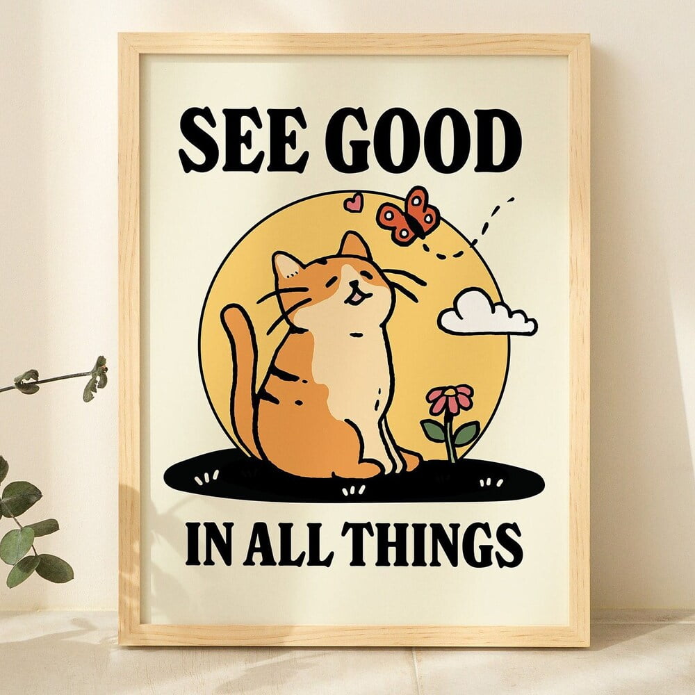 Kna Prints - Colorful Cat Illustration Print, See Good Quote, Cute ...