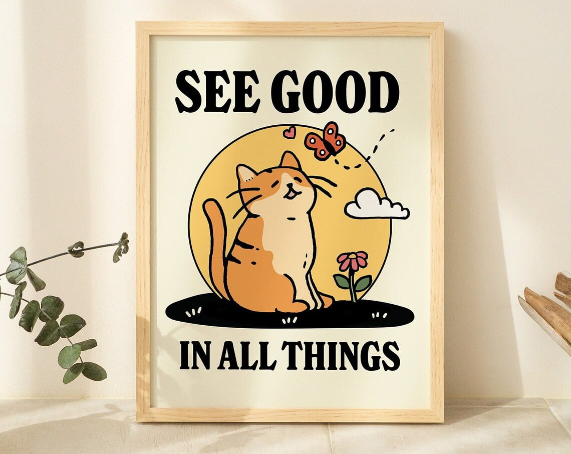 Kna Prints - Colorful Cat Illustration Print, See Good Quote, Cute ...