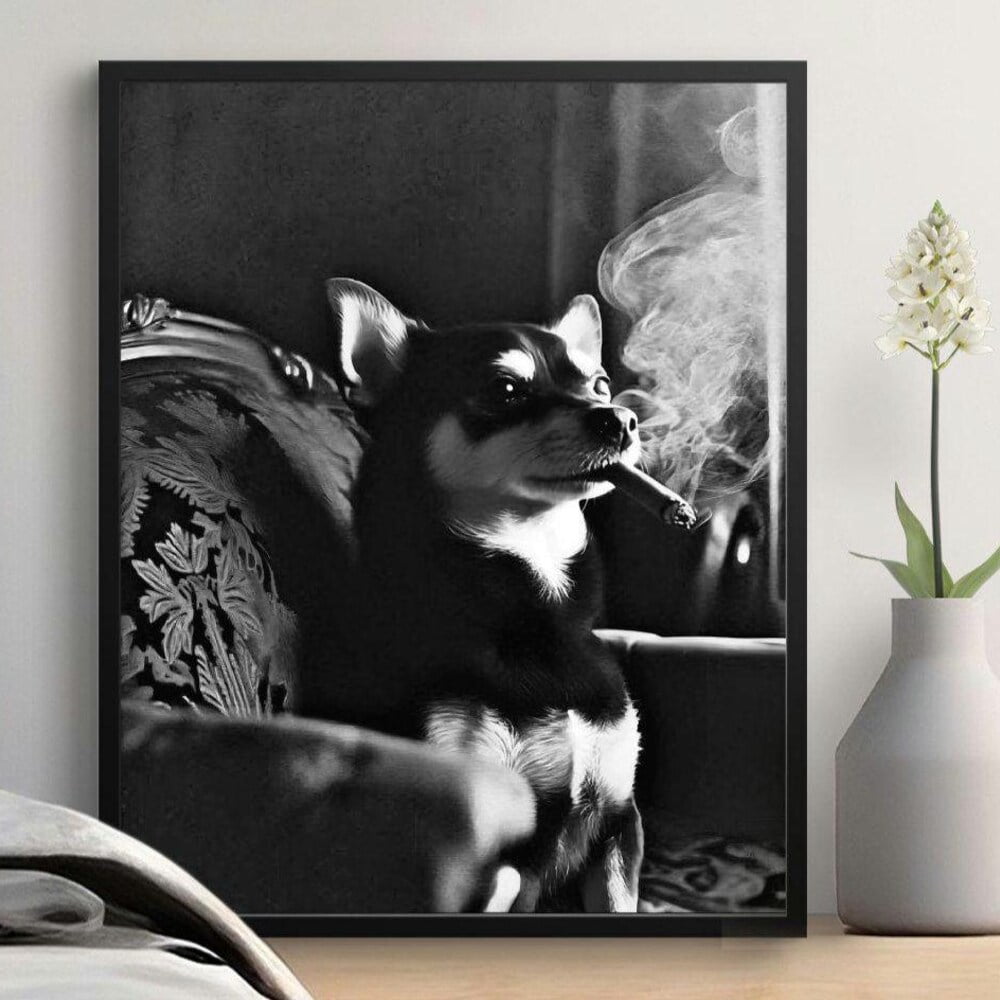 Kna Prints - Cool Dog Smoking Cigar Poster, Black And White Pet Wall ...