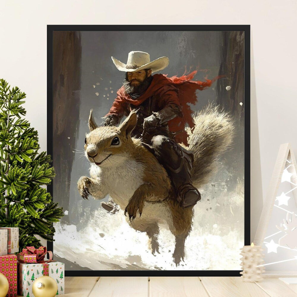Kna Prints - Cowboy Riding Squirrel Poster, Wild West Animal Poster ...