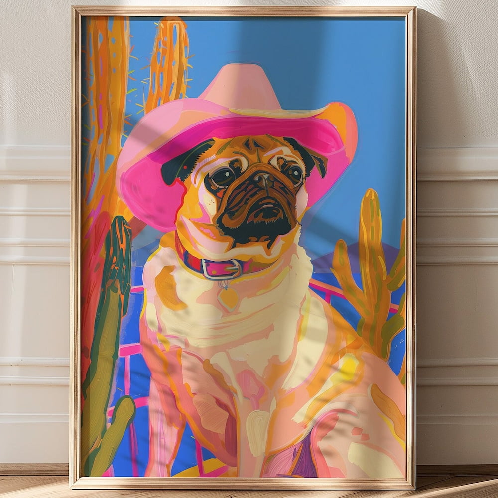 Kna Prints - Cowgirl Home Decor, Preppy Dog Art, Dog In Cowboy Hat, Pug ...