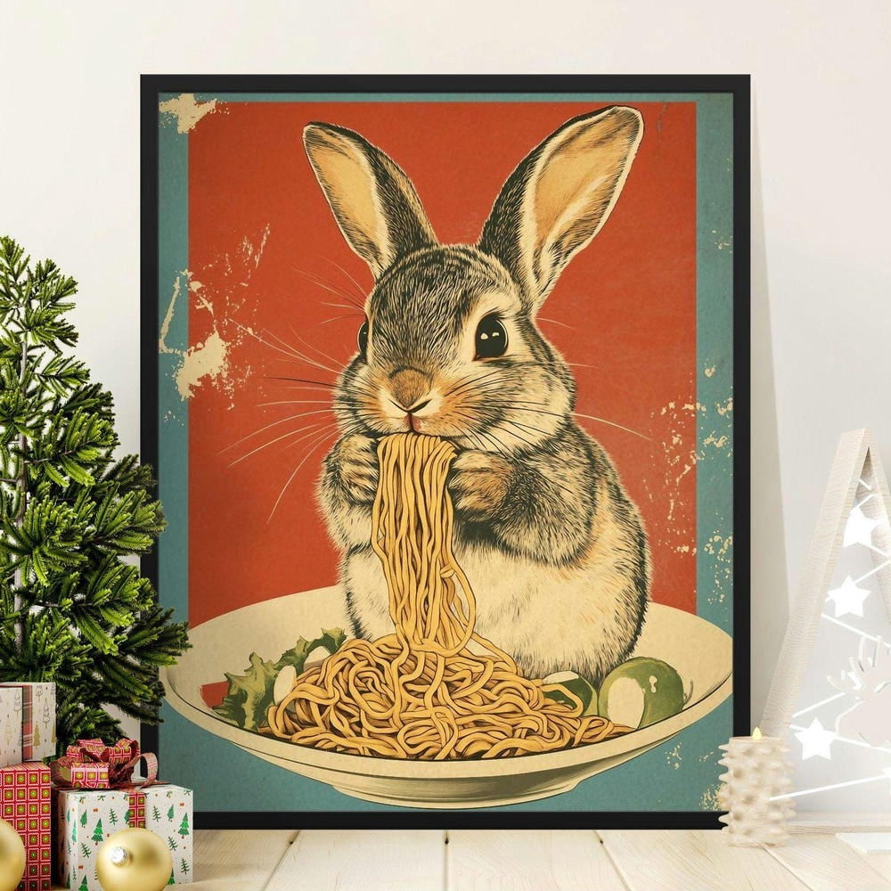 Kna Prints - Cute Bunny Eating Noodles Poster, Funny Animal Wall Art ...