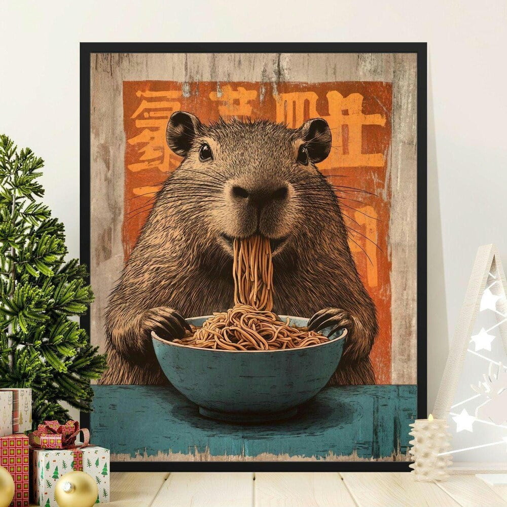 Kna Prints - Cute Capybara Eating Noodles Poster, Funny Animal Wall Art ...