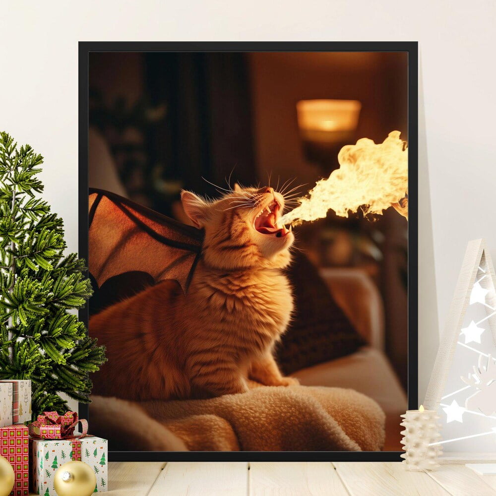 Kna Prints - Cute Cat Breathing Fire Poster, Decor, Cat With Bat Wings ...