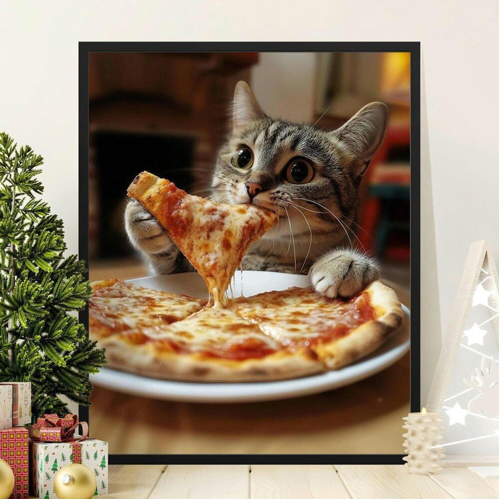 Kna Prints - Cute Cat Eating Pizza Poster, Funny Animal Poster Print ...