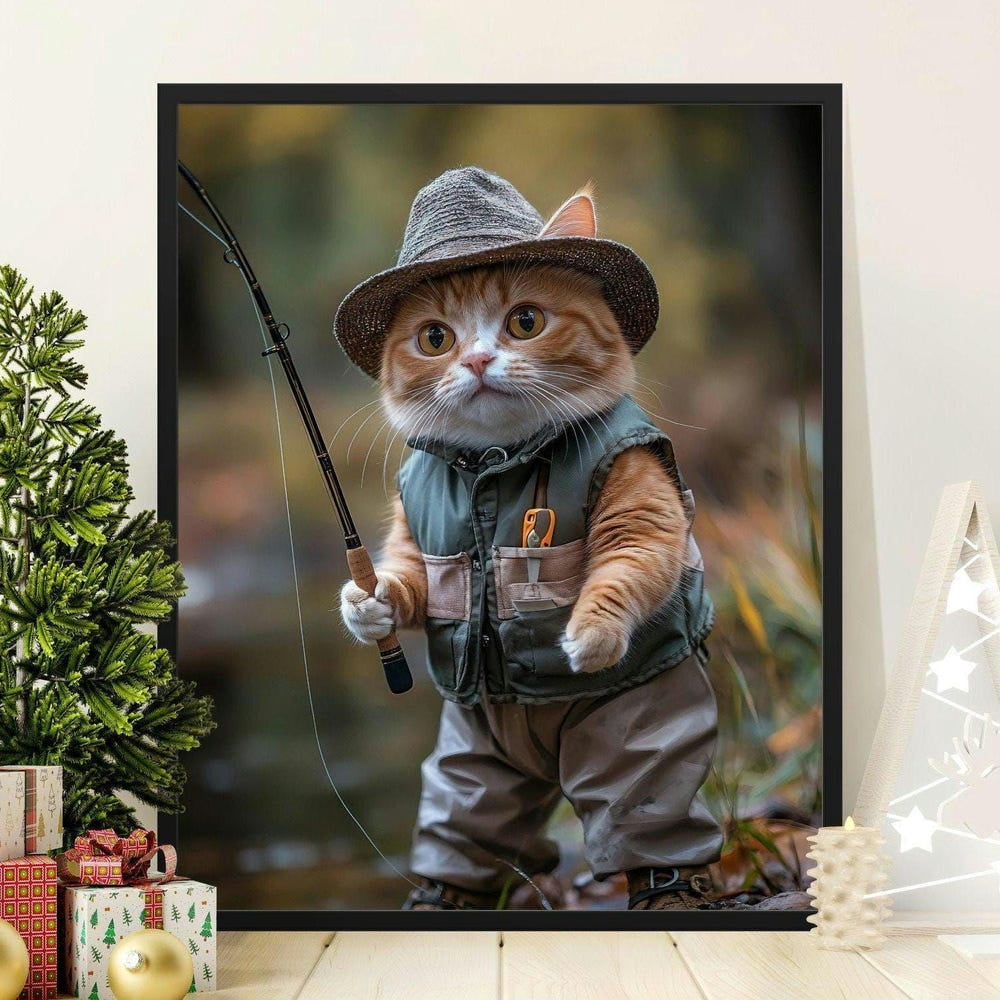 Kna Prints - Cute Cat Fishing Poster, Adorable Kitten In Hat And Vest ...