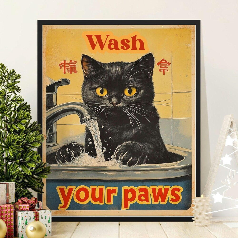 Kna Prints - Cute Cat Wash Your Paws Poster, Funny Bathroom Wall Art ...