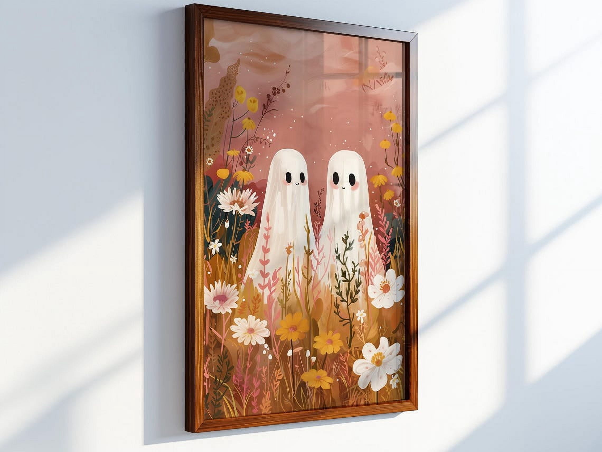 Kna Prints - Cute Ghost Couple In Flower Field Print, Pink Orange Wall ...