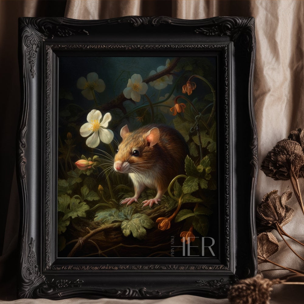 Kna Prints - Cute Mouse With Flowers Forest Core Dark Cottagecore ...