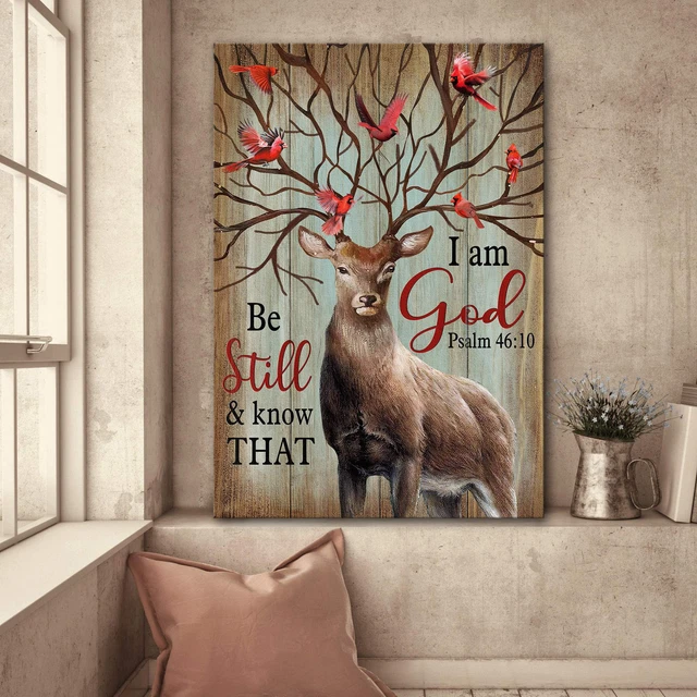 Kna Prints - Deer With Cardinal - Be Still And Know That I Am God - Jesus Portrait Poster, Wall ...